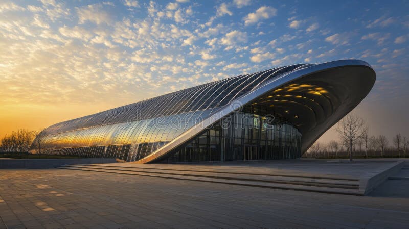 Modern Curved Building at Sunrise with Reflective Facade Stock ...