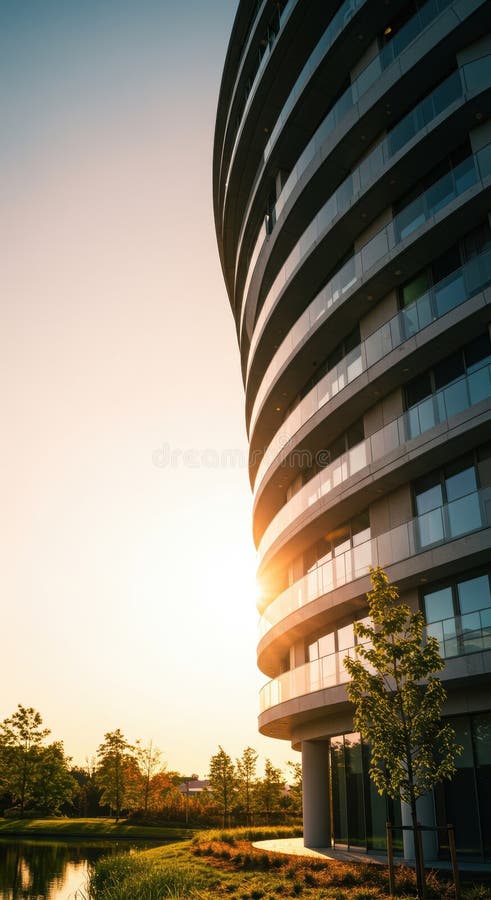 Modern Curved Building with Sunset Reflection in Urban Park Setting ...