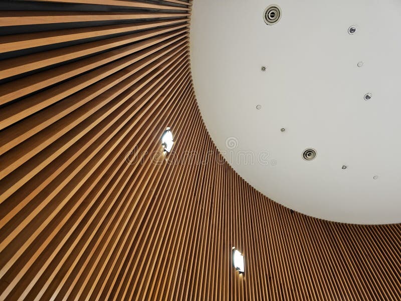 Modern Curved Ceiling and Vertical Wooden Slat Wall Interior Stock ...