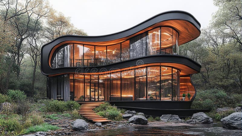 Modern Curved Glass House in a Wooded Area Stock Illustration ...