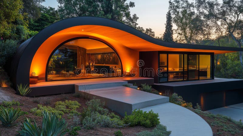 Modern Curved House Exterior at Night with Warm Lighting Stock ...