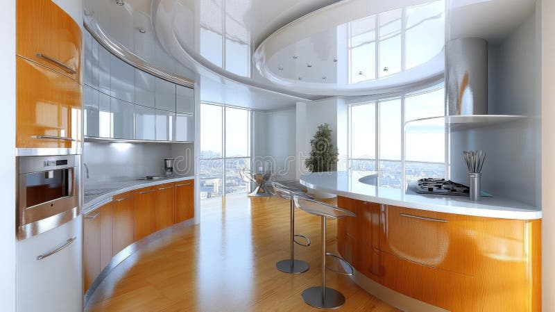 Modern Curved Kitchen Design Stock Illustration - Illustration of ...