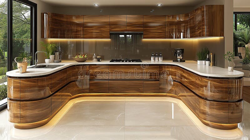 Modern Curved Kitchen Design, Garden View, Home Interior, Luxury Stock ...