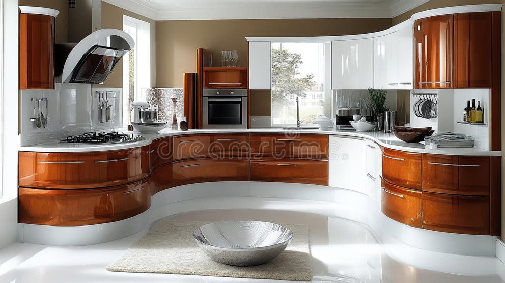 Modern Curved Kitchen with White and Brown Cabinetry Stock Illustration ...