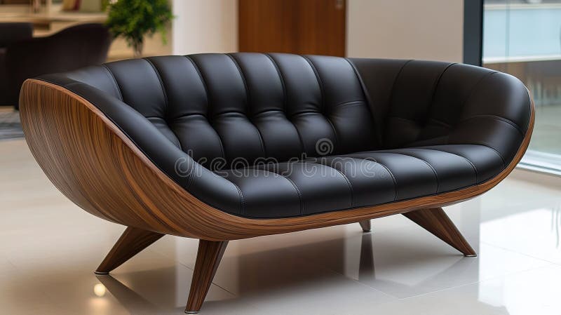 Modern, Curved, Leather Couch with Wooden Base Stock Illustration ...