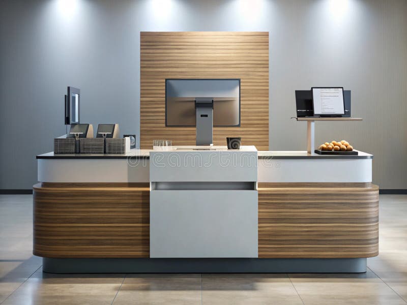 Modern Curved Reception Desk in Office Lobby with Digital Screens Stock ...