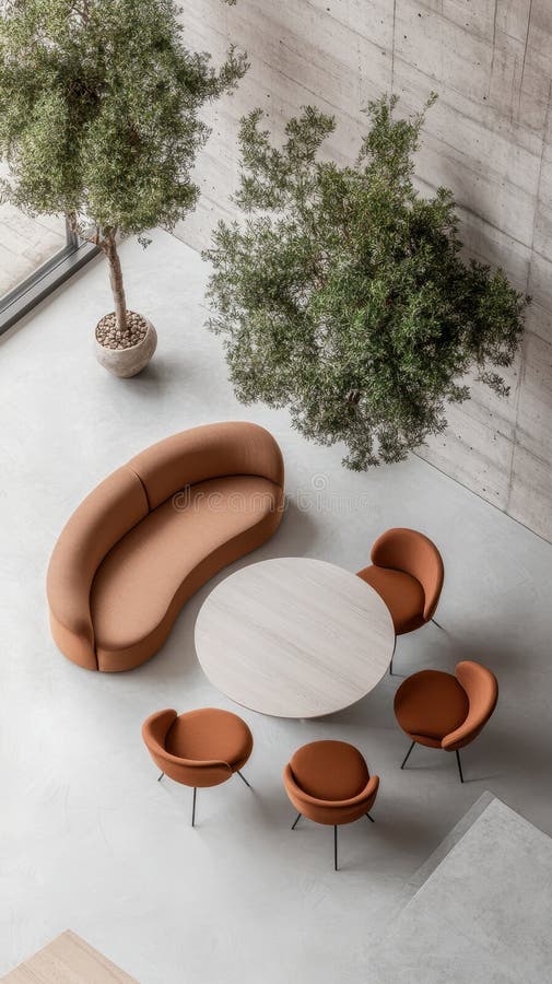 Modern Curved Sofa and Chairs Around a Circular Table with Potted Green ...
