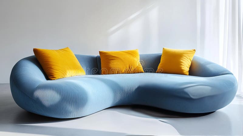 A Modern, Curved Sofa in Light Blue, Adorned with Three Mustard-Yellow ...