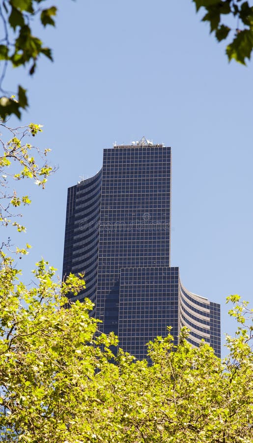 Modern Curved Blue Glass Office Tower Stock Photo - Image of seattle ...