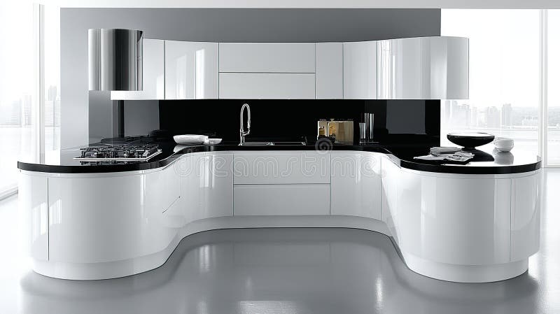 Modern, Curved, White Kitchen with Black Accents Stock Illustration ...