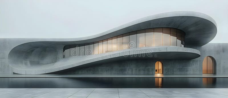Modern Curvilinear Architecture with Reflective Water Feature. Concept ...