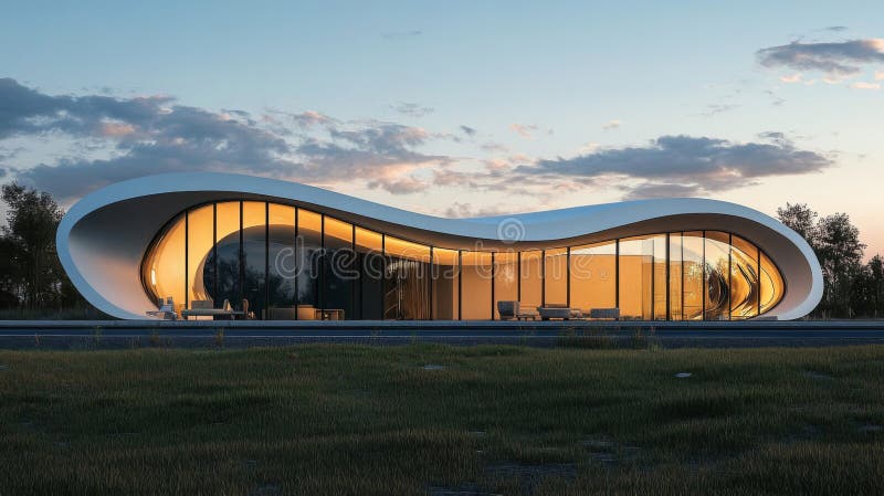 Modern Curvilinear Architecture with Reflective Water Feature. Concept ...