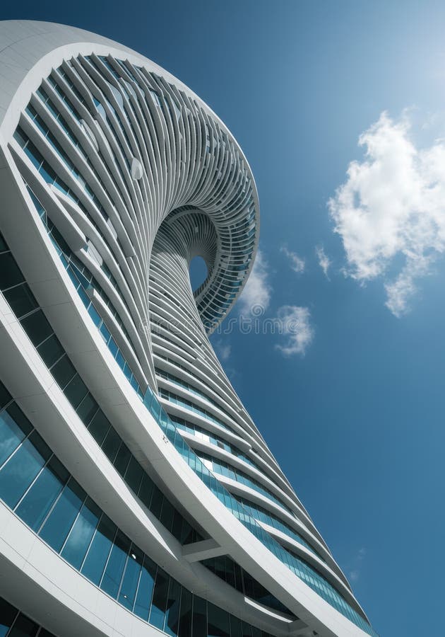 Modern Curvilinear Skyscraper Against Blue Sky with Clouds ...