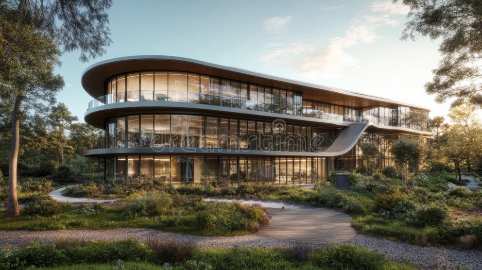 Modern Curving Office Building with Landscaped Grounds Stock ...