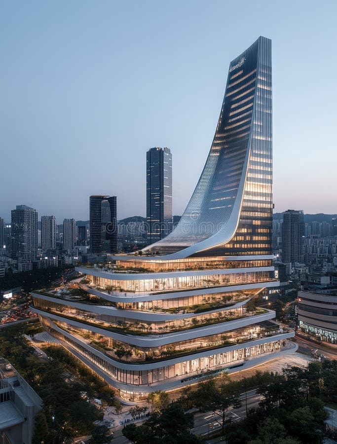 Modern Curving Skyscraper at Dusk Stock Illustration - Illustration of ...