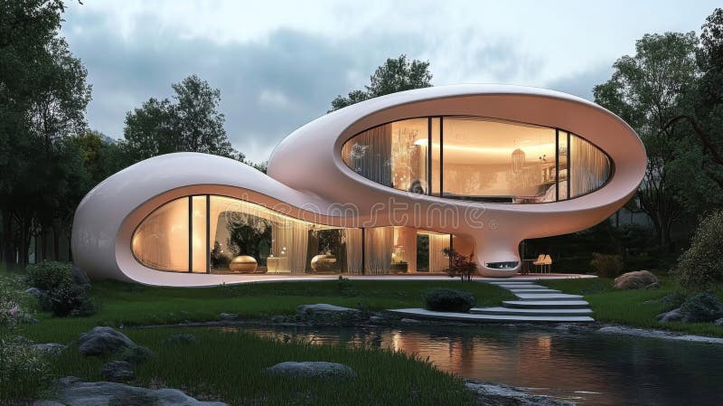 Modern Curvy House Design at Dusk Stock Illustration - Illustration of ...