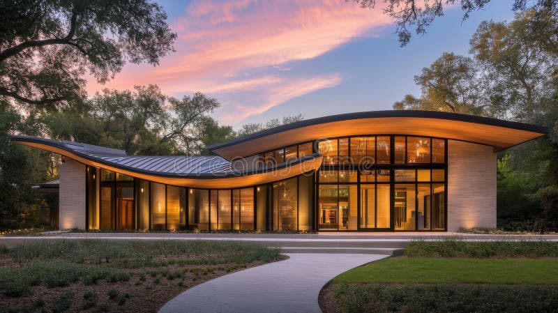Modern Curvy House Exterior at Sunset Stock Illustration - Illustration ...