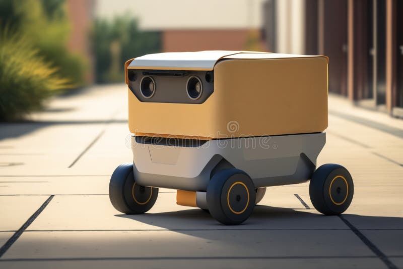 Modern Cute Robot Courier Delivery with Cargo Container Parked on ...