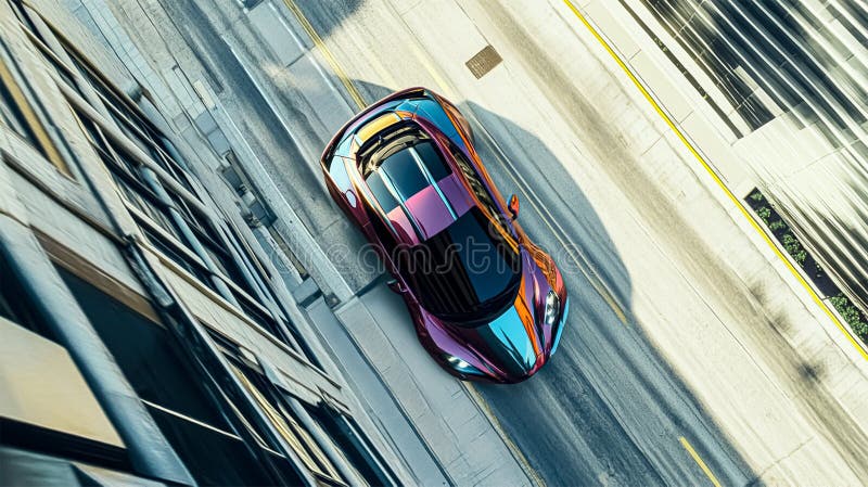 A Modern Cyber Car Racing through the City. View from Above Stock ...