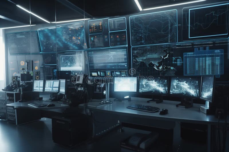 Modern Cyber Security Room with Computers and Screens. Generative AI ...