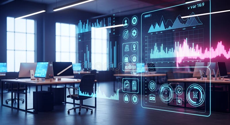 Modern Cyberpunk Open Space Office Interior with Neon Lighting Stock ...