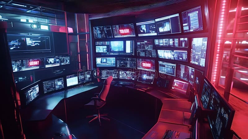 Modern Cybersecurity Center Monitoring Global Network With Multiple