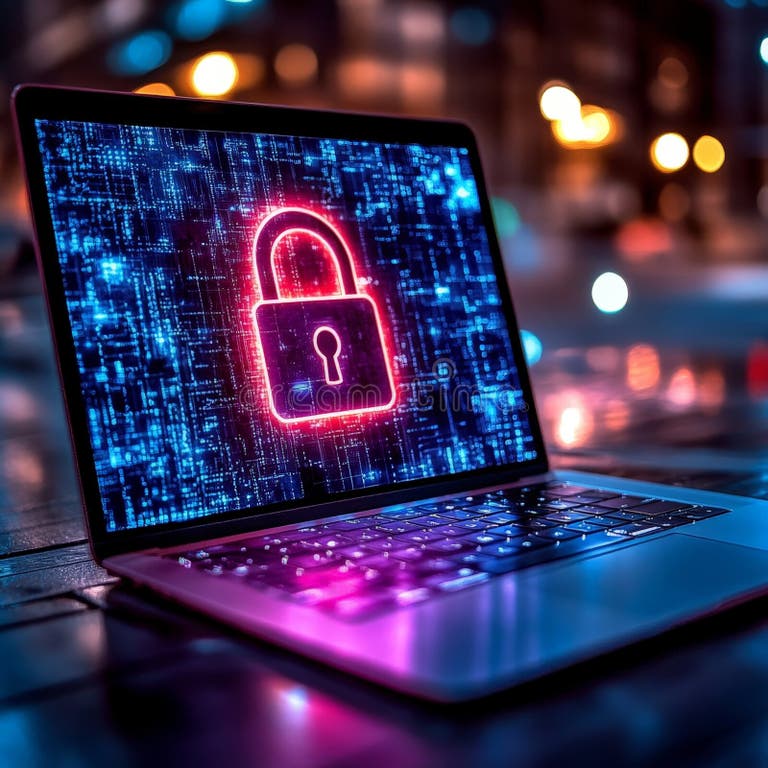 Modern Cybersecurity Laptop with Digital Lock and Data Visualization ...