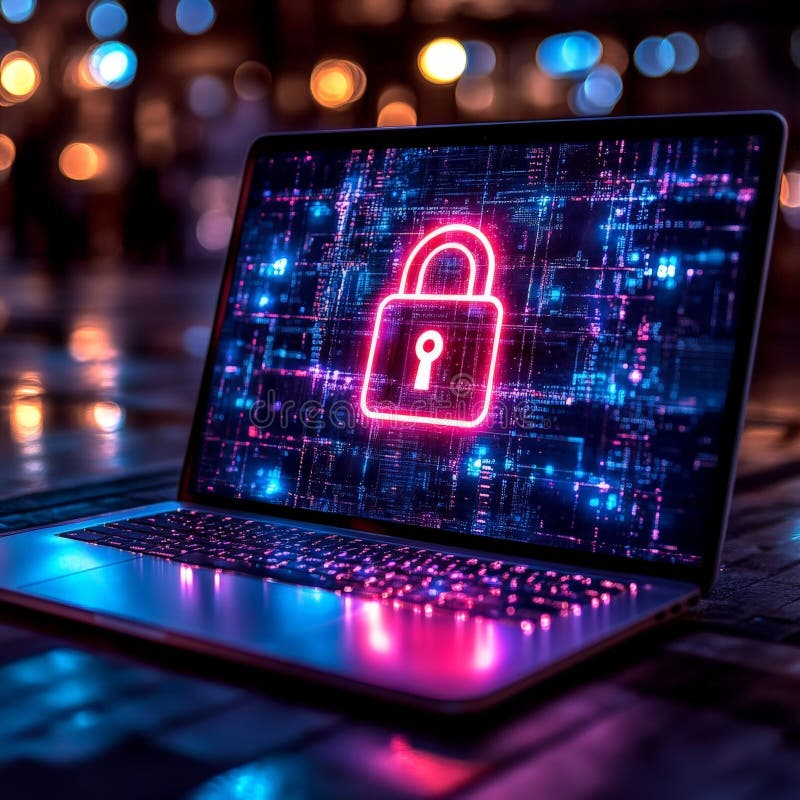 Modern Cybersecurity Laptop with Digital Lock and Data Visualization ...