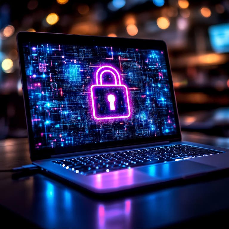 Modern Cybersecurity Laptop with Digital Lock and Data Visualization ...