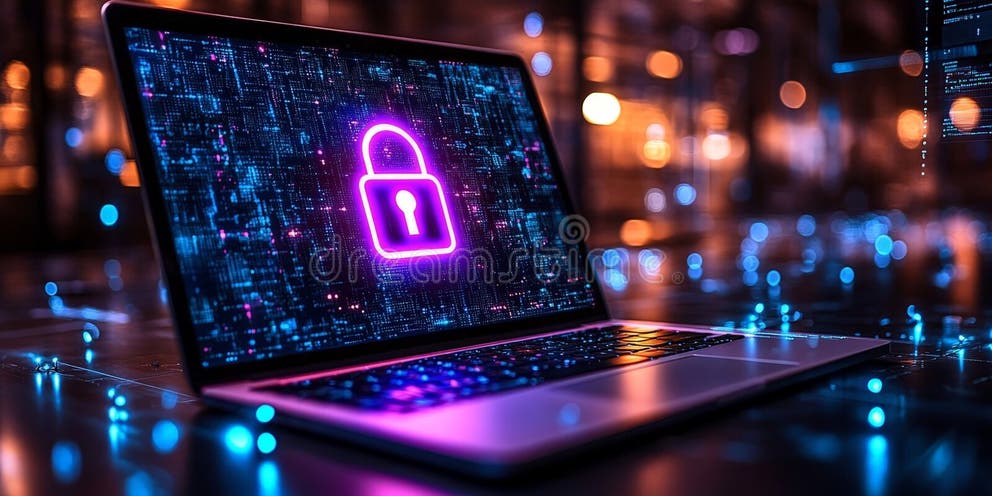 Modern Cybersecurity Laptop with Digital Lock and Data Visualization ...