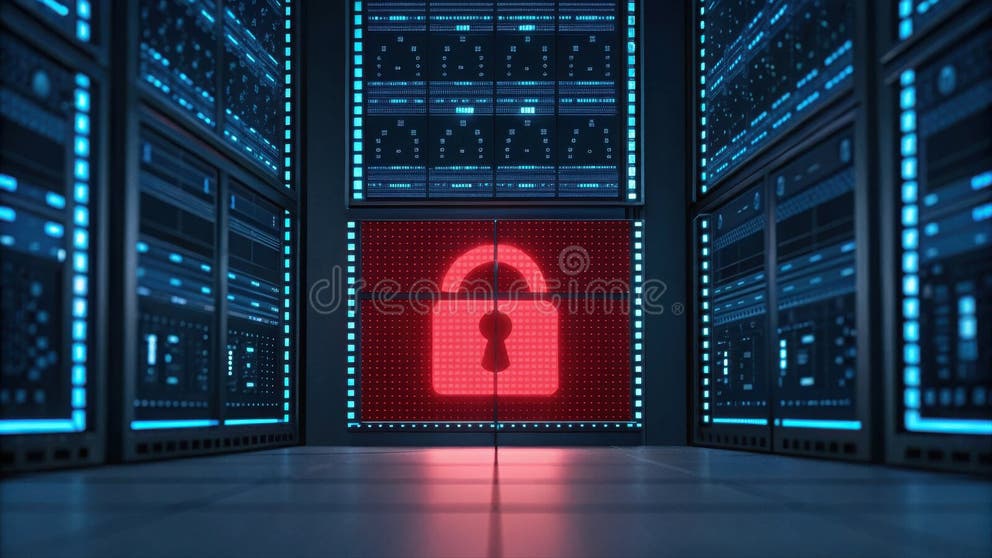 Modern Cybersecurity Server Room with Digital Lock Symbol Illuminated ...