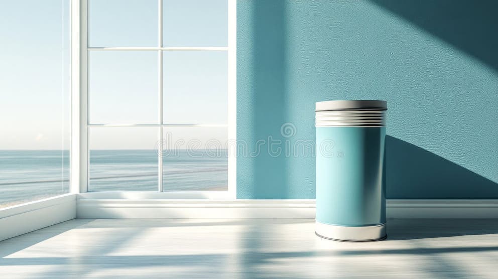 Modern Cylinder Object in Blue Room with Ocean View through White ...