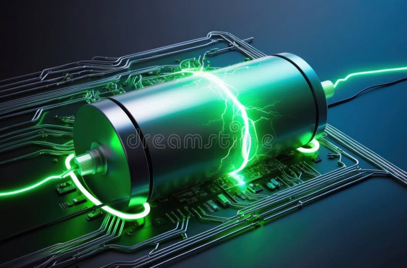 A Modern Cylindrical Energy Storage Device Glows Bright Green ...