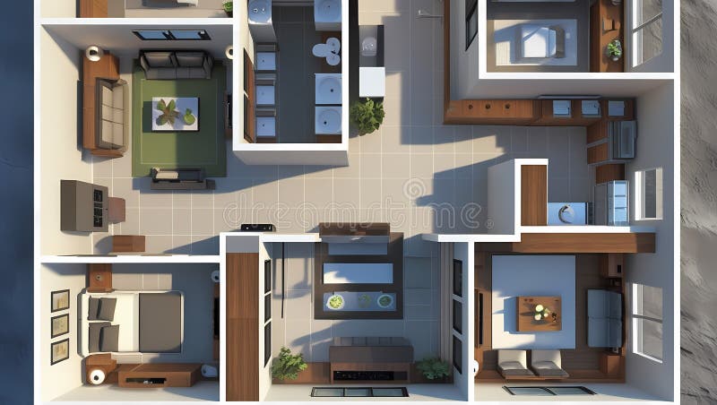 Modern 3D Apartment Floor Plan – Top-Down View Stock Image - Image of ...