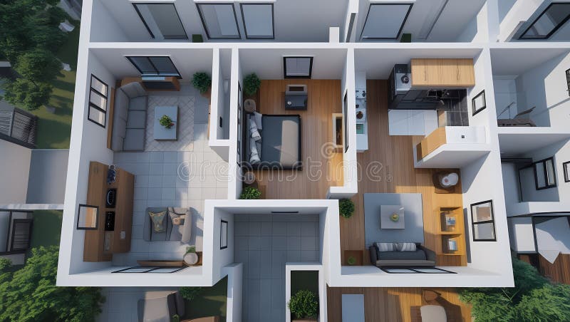 Modern 3D Apartment Floor Plan – Top-Down View Stock Image - Image of ...