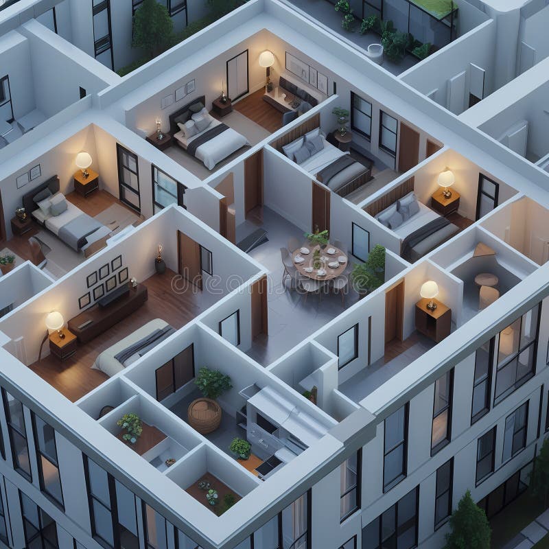 Modern 3D Apartment Floor Plan – Top-Down View Stock Image - Image of ...