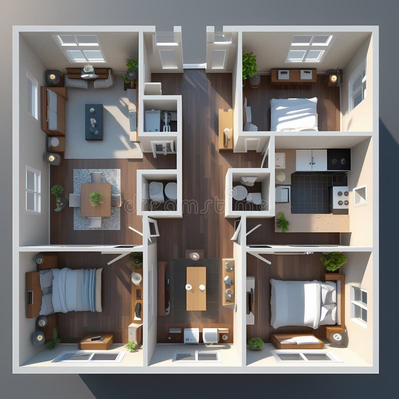 Modern 3D Apartment Floor Plan – Top-Down View Stock Image - Image of ...
