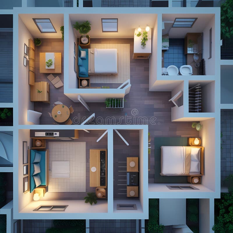 Modern 3D Apartment Floor Plan – Top-Down View Stock Image - Image of ...