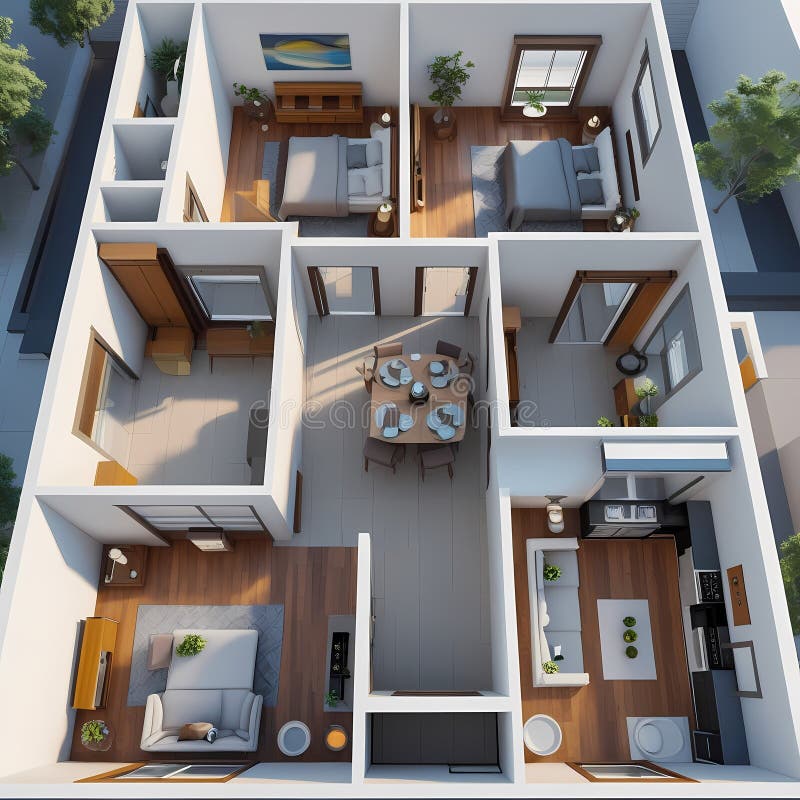 Modern 3D Apartment Floor Plan – Top-Down View Stock Photo - Image of ...