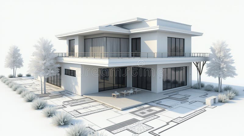 Modern 3D House Model with Architectural Blueprint Design Stock ...