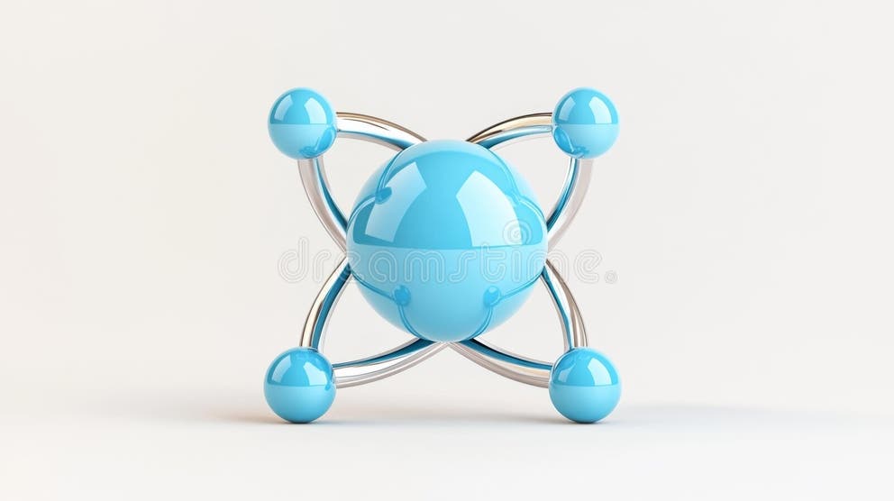 Modern 3D Illustration of an Atom with Blue Spheres and Metallic Rings ...