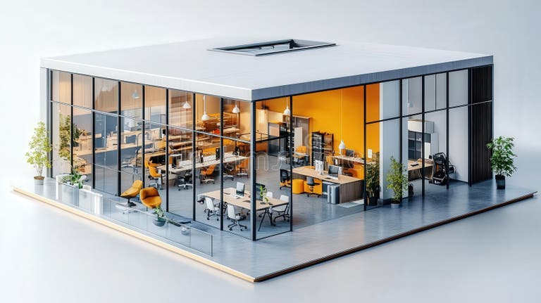 Modern 3D Isometric Office Floor Plan with Open Workspaces and Glass Partitions Stock ...