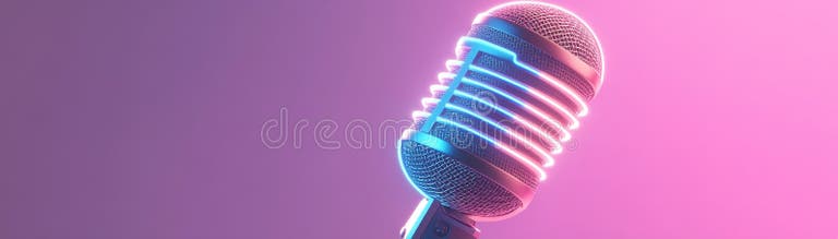 A Modern 3D Microphone Features Glowing Neon Rings in Blue and Purple ...