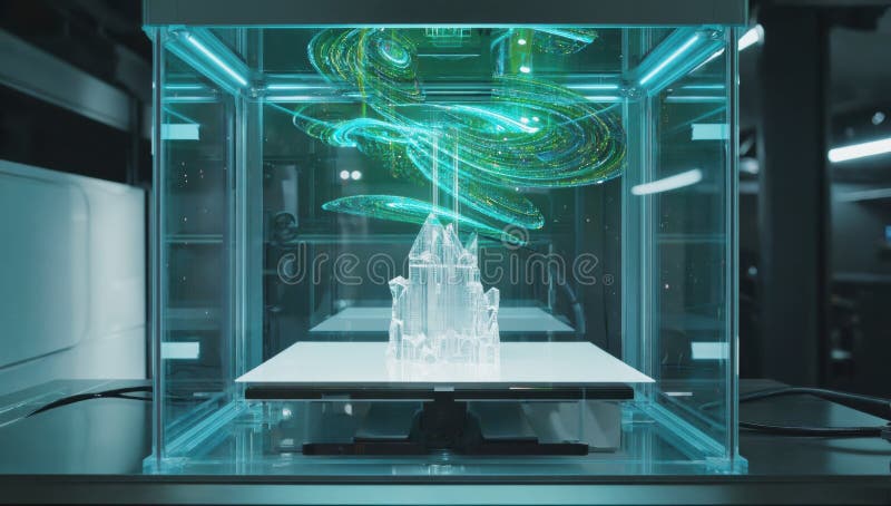 Modern 3d Printer Creating Crystal Castle with Futuristic Green Light ...