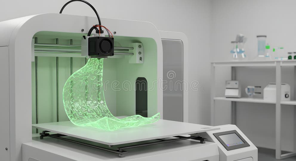Modern 3D Printer Creating a Glowing Green Abstract Object Stock ...