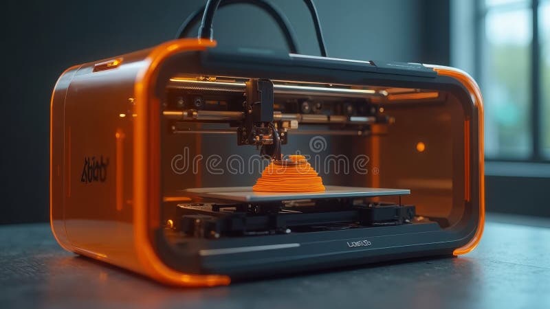 Modern 3d Printer Creating Intricate Orange Design in Stylish Workspace ...
