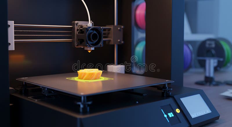Modern 3D Printer Creating a Yellow Spiral Design: High-Tech ...