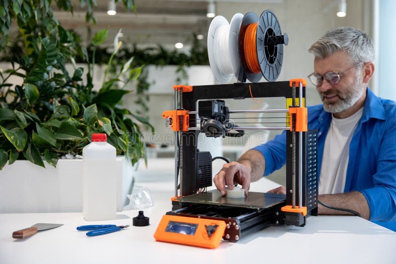 Modern 3D Printer Equipment and Man Working with it in Office. Stock ...