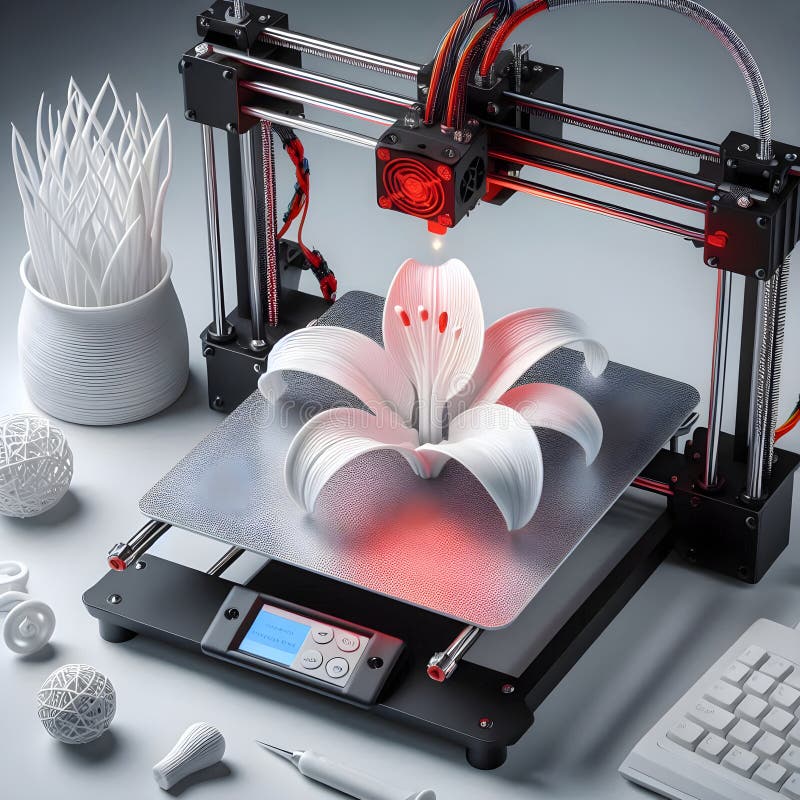 3d Printer Creating White Lily Flower with Red Light Stock Illustration ...