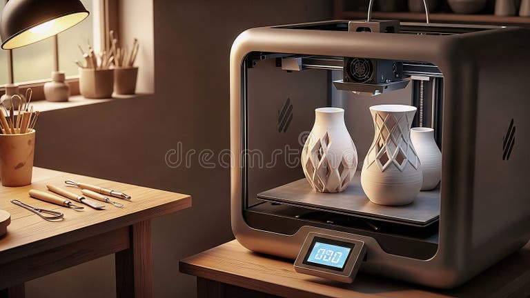 Modern 3d Printer Producing Three Elegant Ceramic Vases within a Cozy Workshop, Highlighting the ...